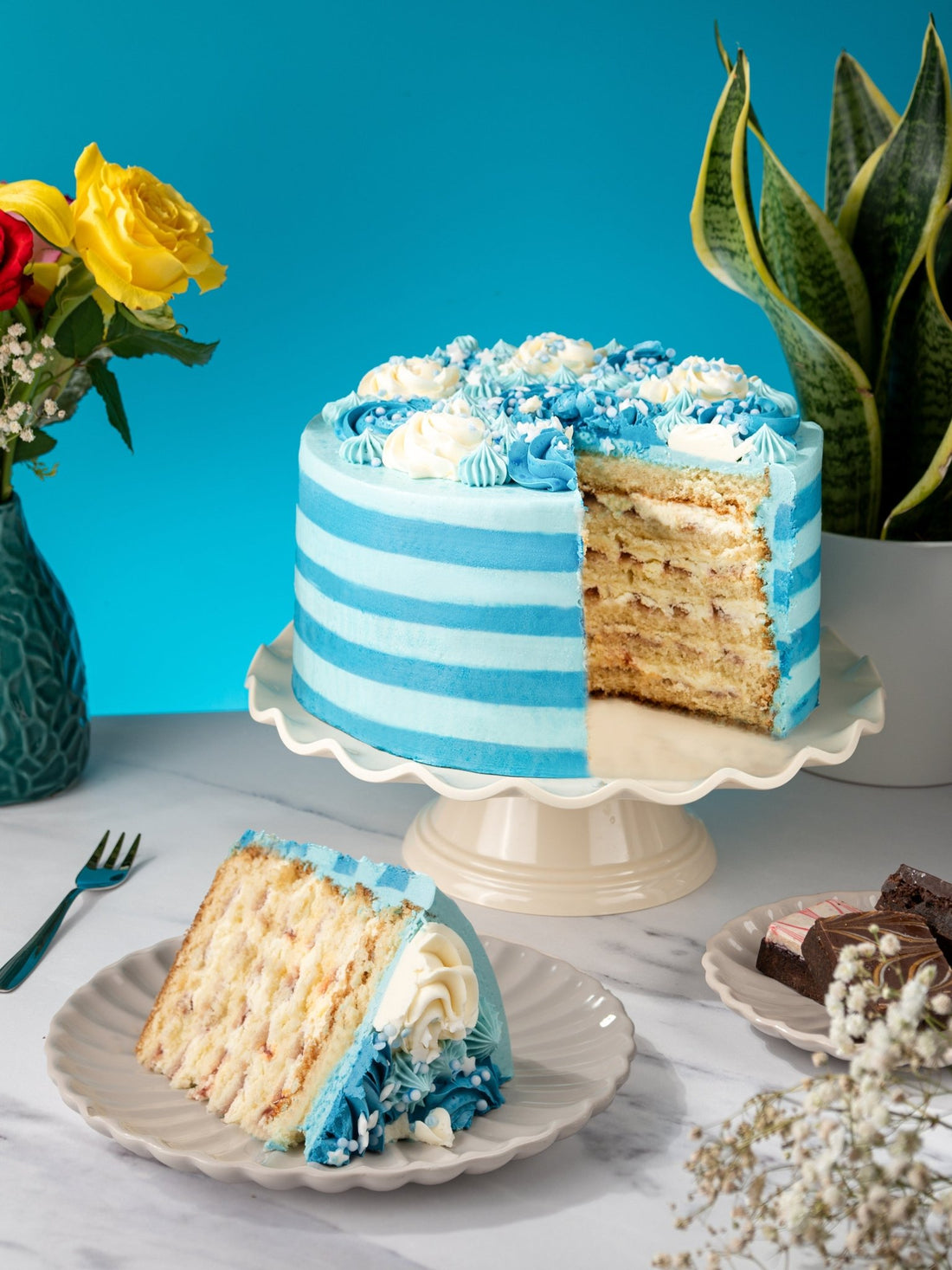 Blue Candy Stripe Gateau Cake - Next Day Delivery | Patisserie Valerie